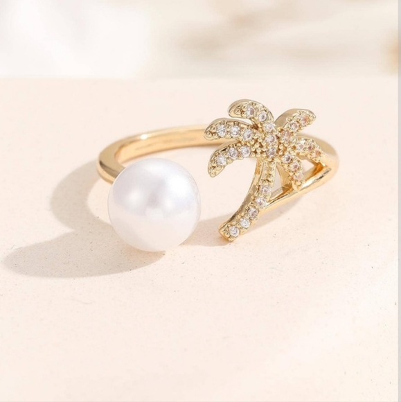 Jewelry | Newsuper Cute Cz Palm Tree And Faux Pearl Adjustable Ring In ...